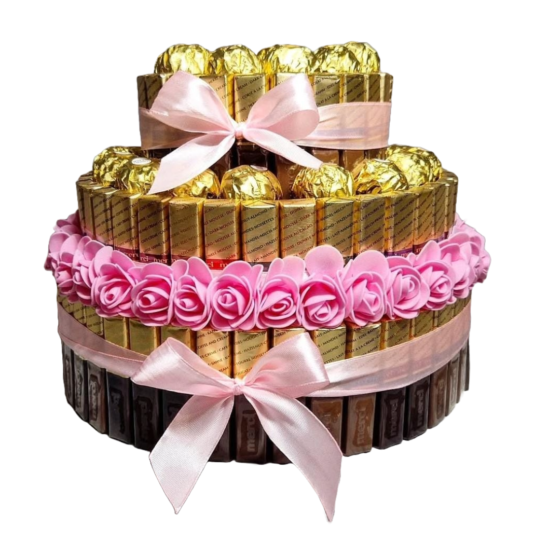 Tort cu 3 etaje din batoane si praline prestige cu trandafiri roz ...